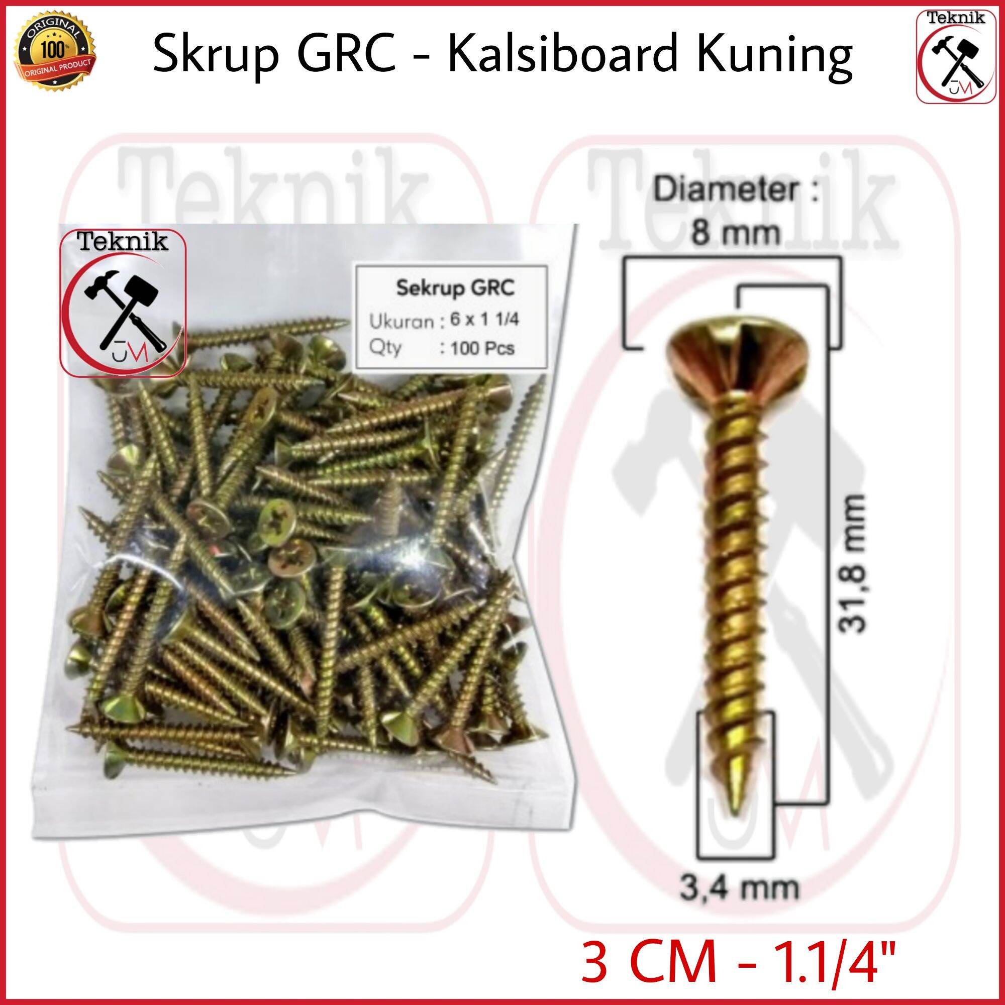 Skrup GRC 1 Pack [ 100 Pcs ] Panjang 3 CM Sekrup Kalsiboard 6 x 1.1/4 ...