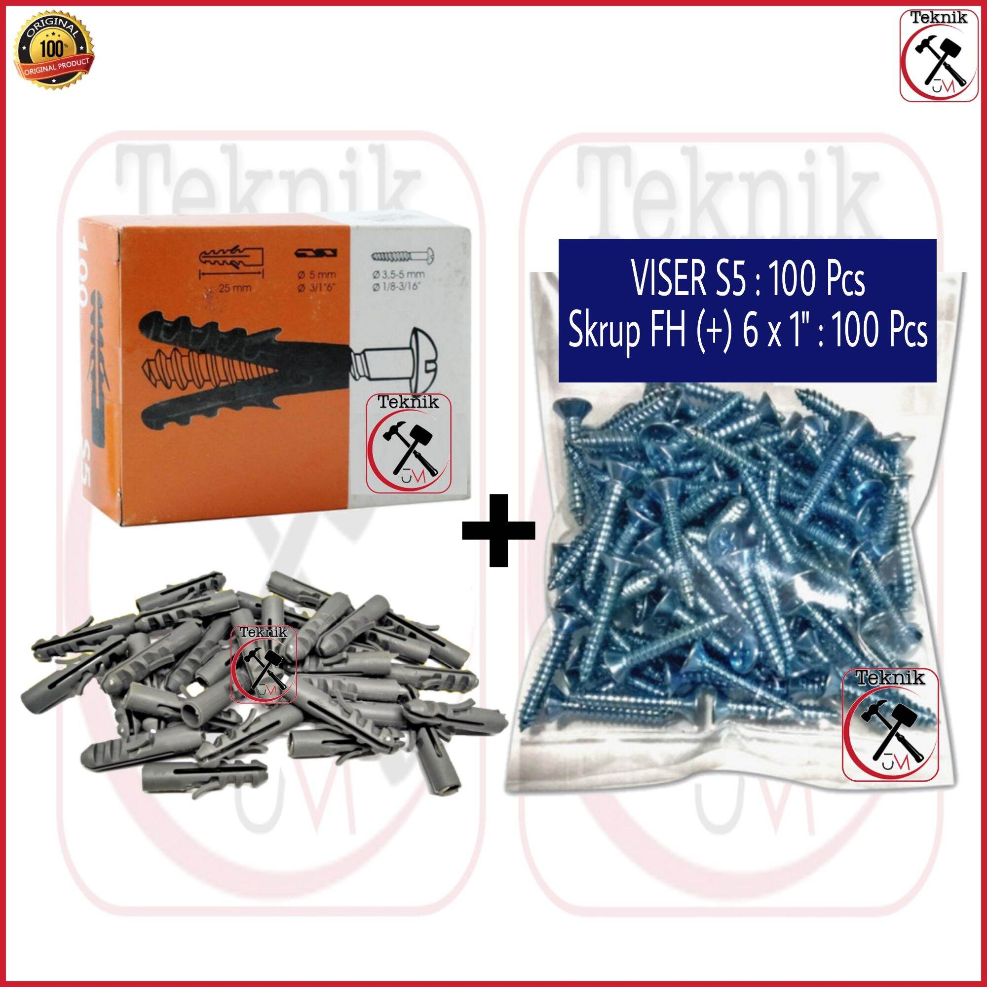 Paket Skrup Viser 1 Pack [ 100 Pcs ] Ukuran S5 FH {+} Kepala Rata - Sekrup Fisher Tembok ...