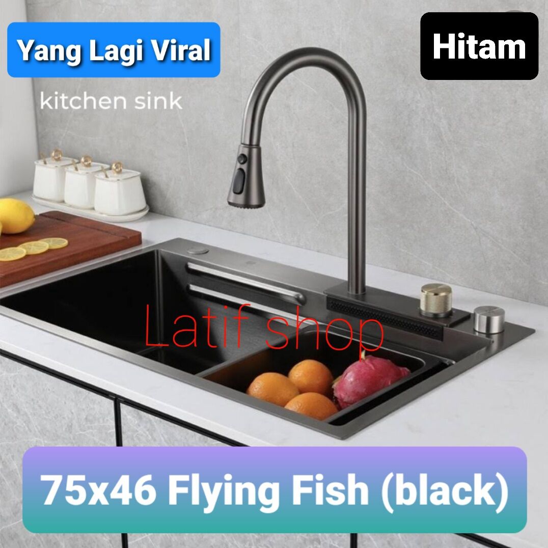 Kitchen sink Viral 75x46 flying fish black bak cuci piring 1 lubang ...