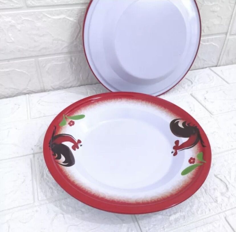 piring makan enamel 22cm / piring makan jadul seng vintage motif ayam ...