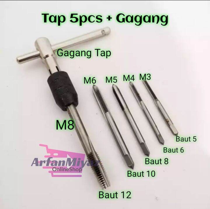Hand Tap Set 5Pcs M3-M8 Alat Pembuat Ulir Drat Dalam Plus Gagang 1 Hand ...