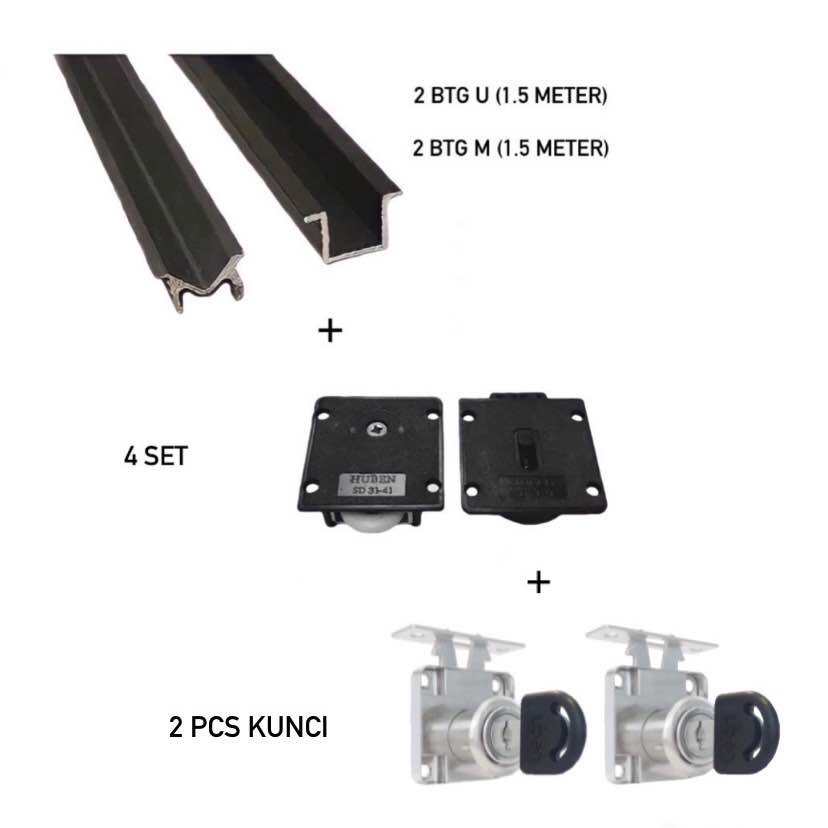 (2 Pintu+Kunci) Paket 2 Rel U M 3141 Lenaga 1.5 M + 4 Set Roda SD 3141 Pintu Lemari Sliding ...