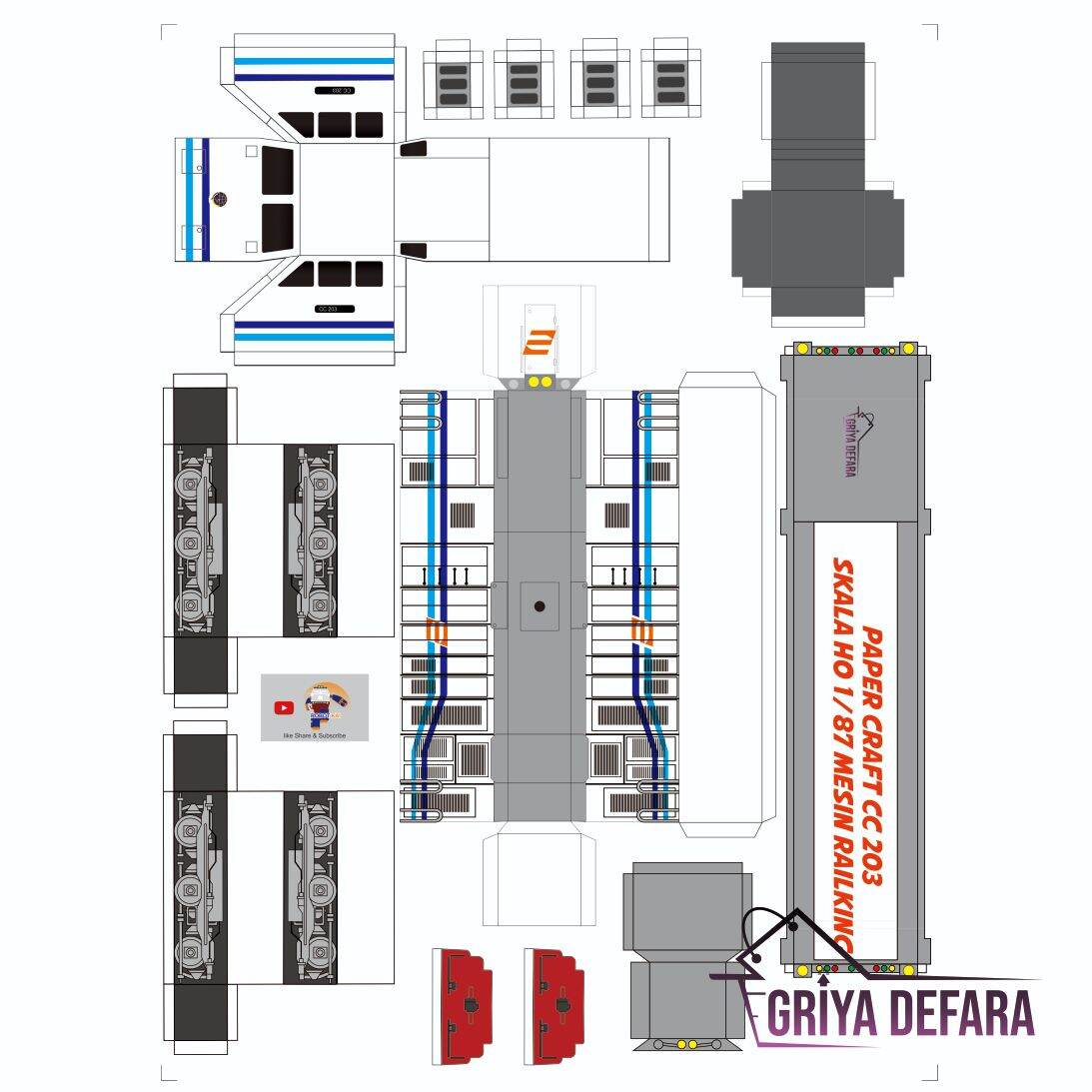 GRIYADEFARA PAPERCRAFT LOKOMOTIF CC 203 CC203 SKALA HO 1/87 1:87 MESIN ...