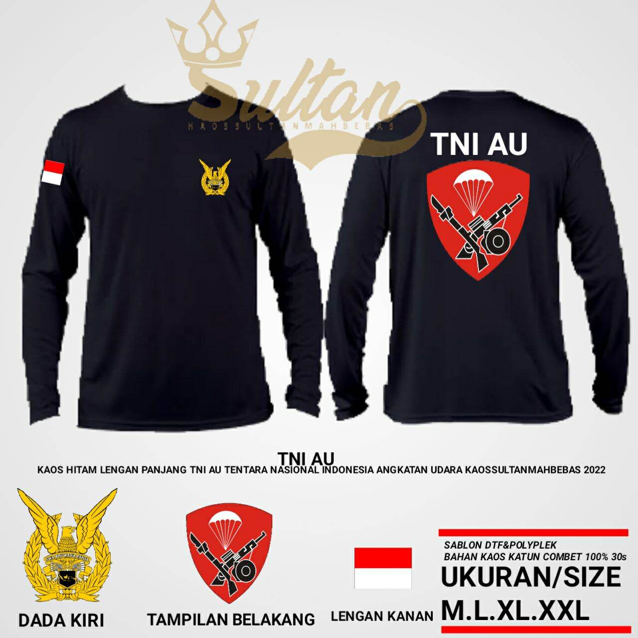 kaos hitam lengan panjang TNI AU tentara nasional indonesia angkatan udara / cotton combed 30s ...