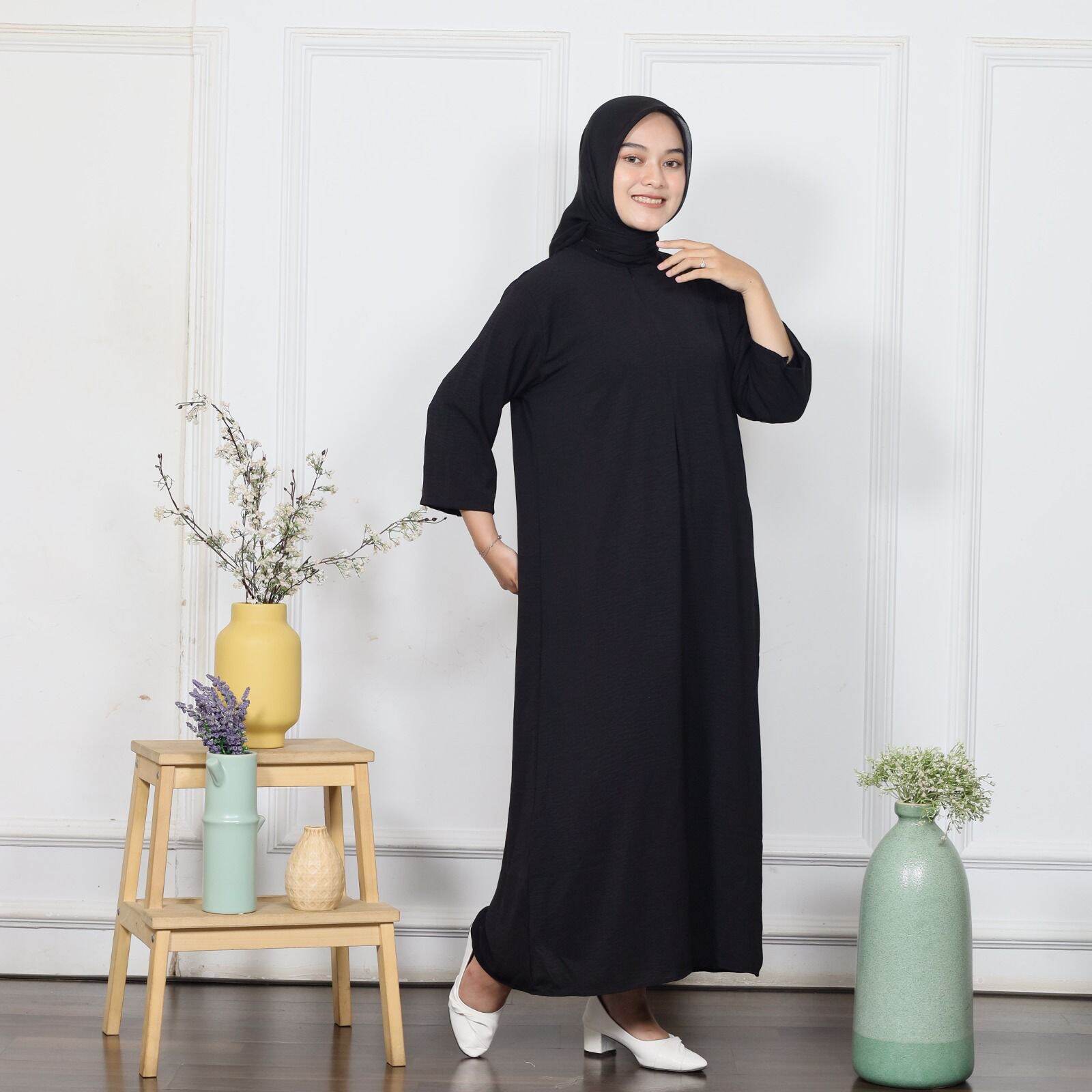 elmemor long dress lengan 3/4 crincle airflow daster long