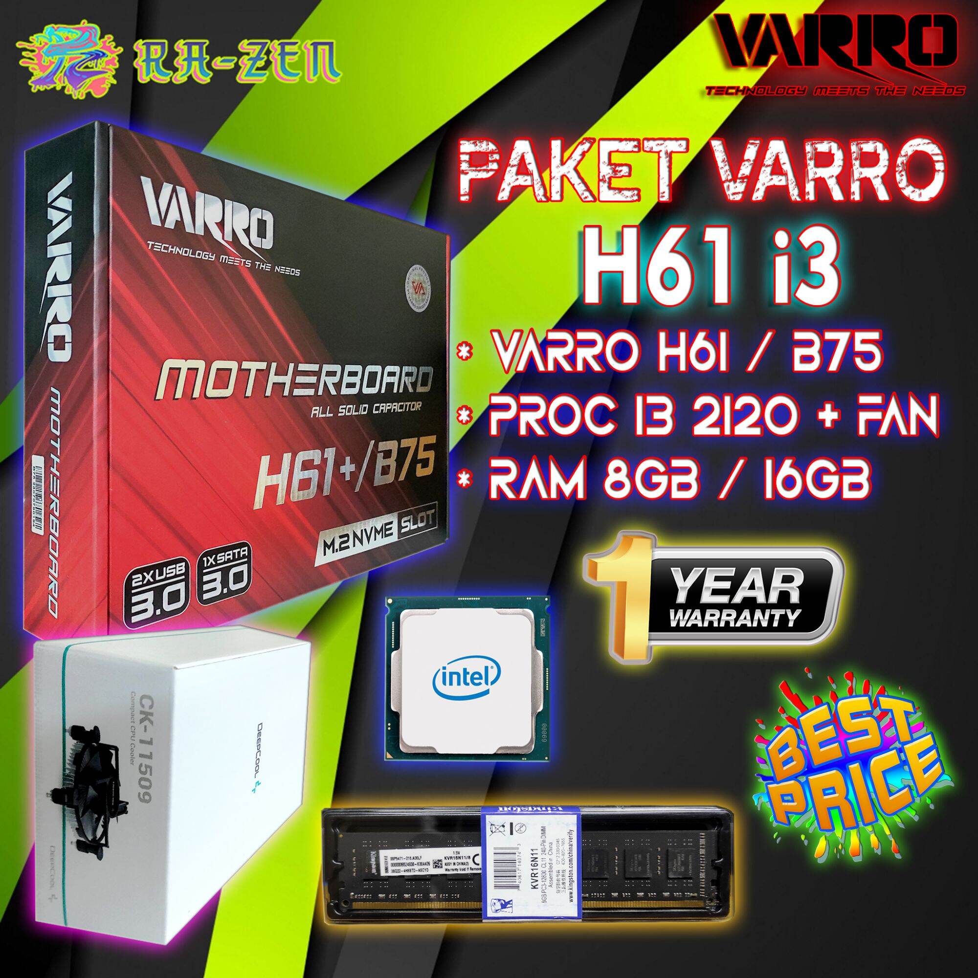 Paket Motherboard H61 Varro + Processor Core i3 2120 + Ram Ddr3 ...