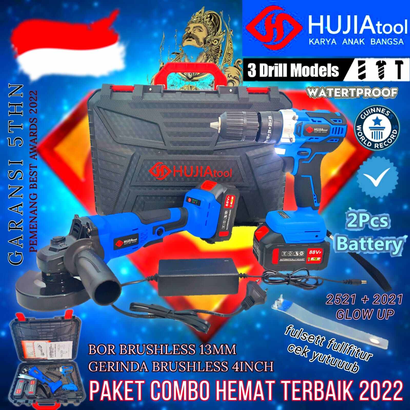 Mesin gerinda + bor cordless impact drill Hujia pro 2021+2521 88vf ...