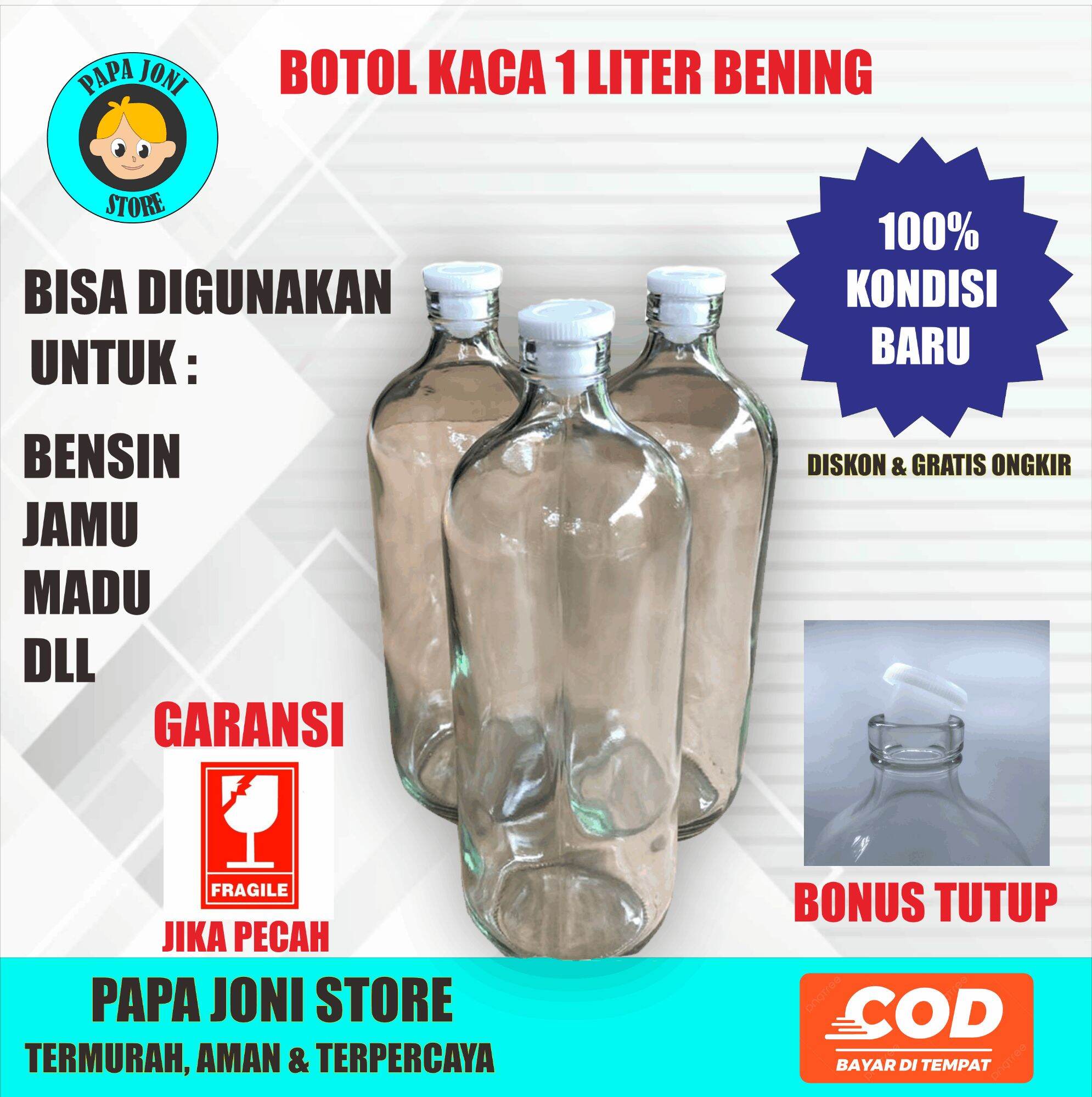Botol Kaca Bening 1000 ml / Botol Bensin 1 Liter / Botol Jamu / Botol ...