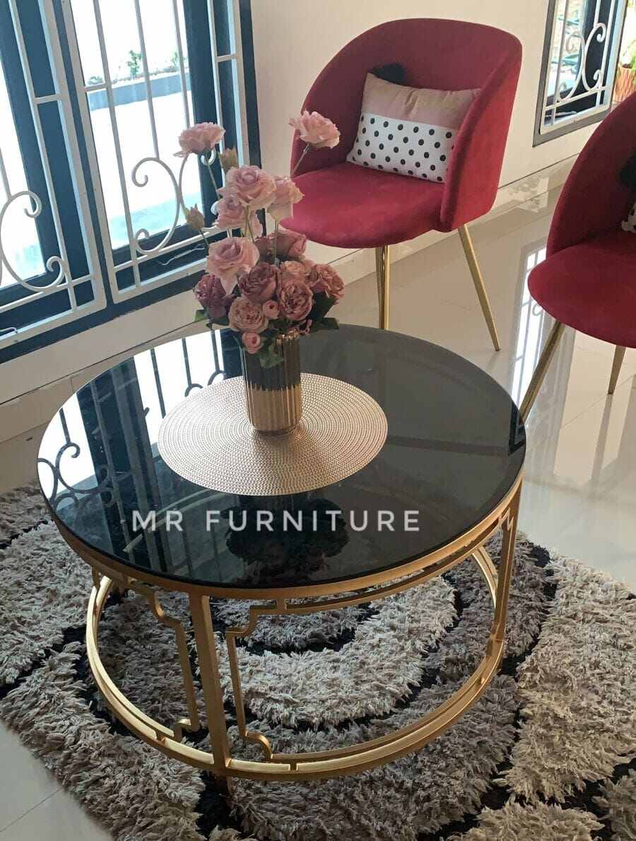 meja tamu bulat top kaca hitam | Lazada Indonesia