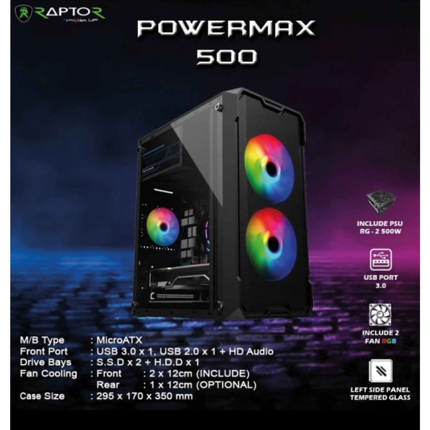 CASING PC GAMING POWER UP RAPTOR POWERMAX 500 BLACK mATX FREE 2 FAN RGB ...