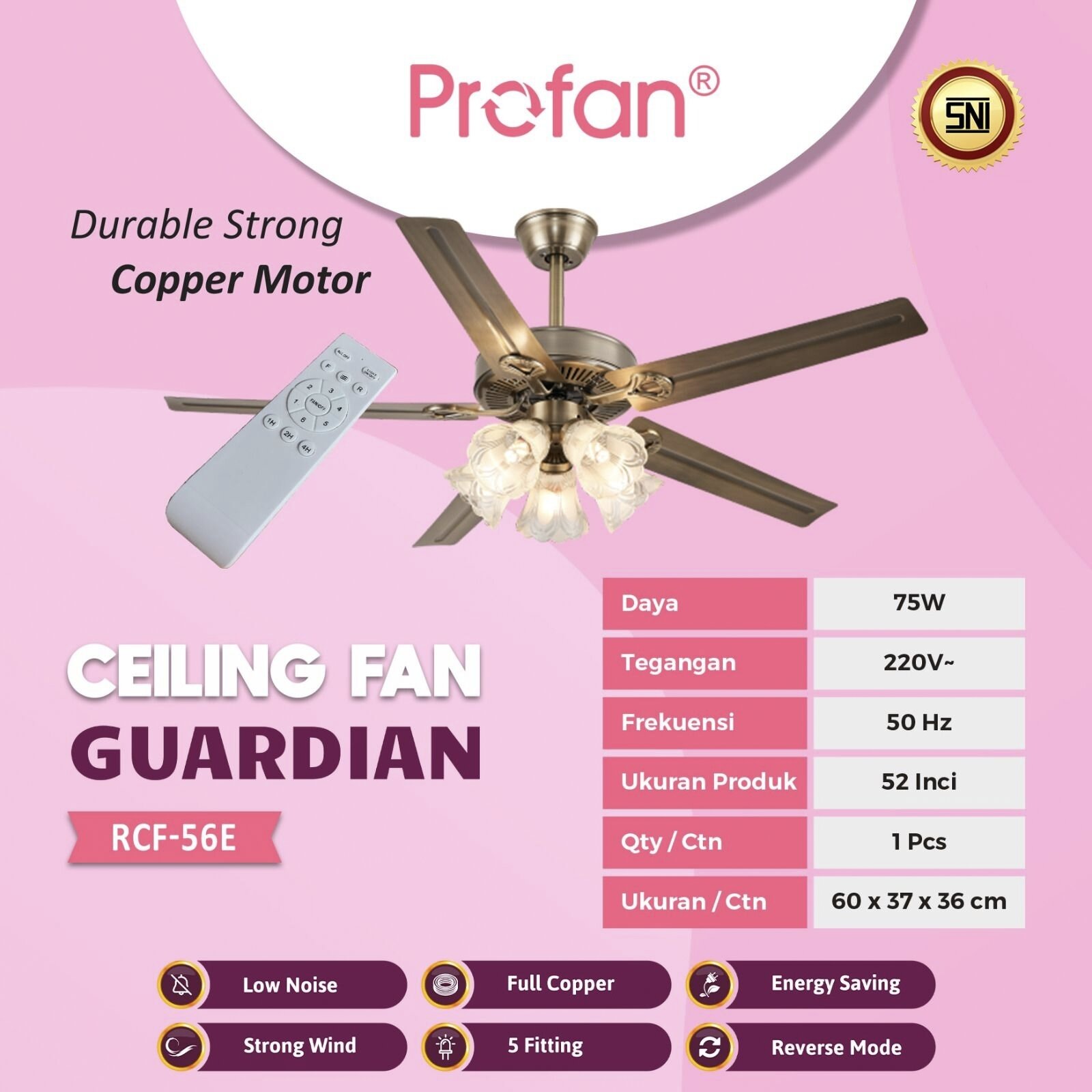 Ceiling Fan / Kipas Angin 52" 75w 5 Sayap Besi PROFAN GUARDIAN RCF-56E | Lazada Indonesia