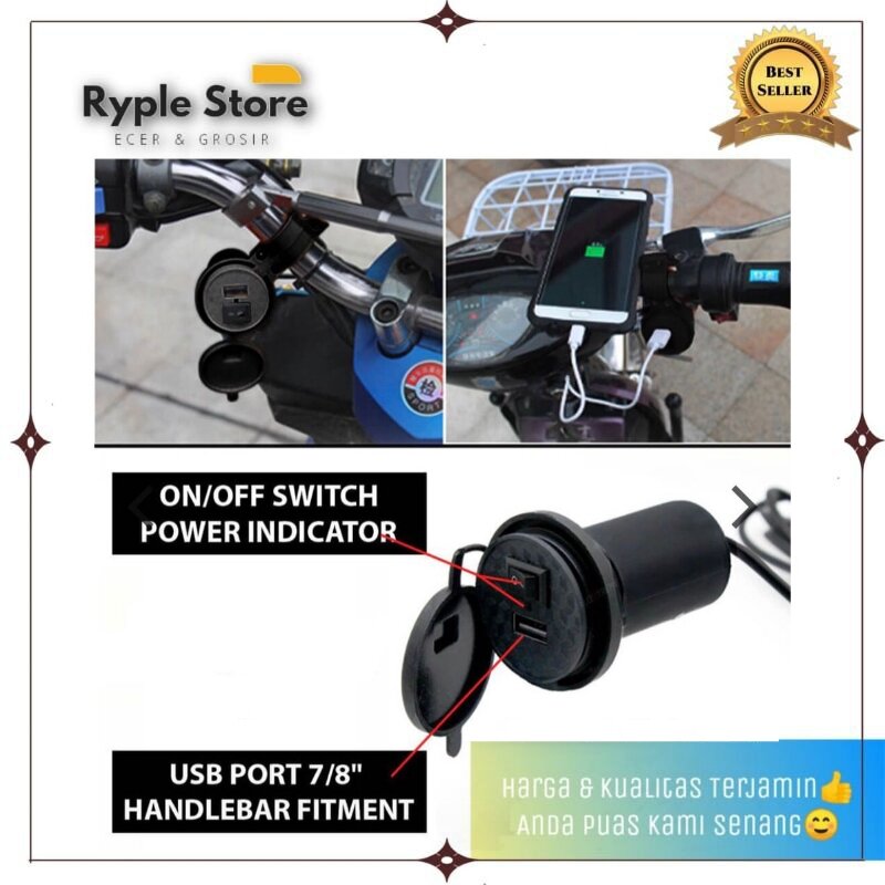 Charger Cas Aki Motor Waterproof 1 USB 5V-1.5A With Penutup USB ...