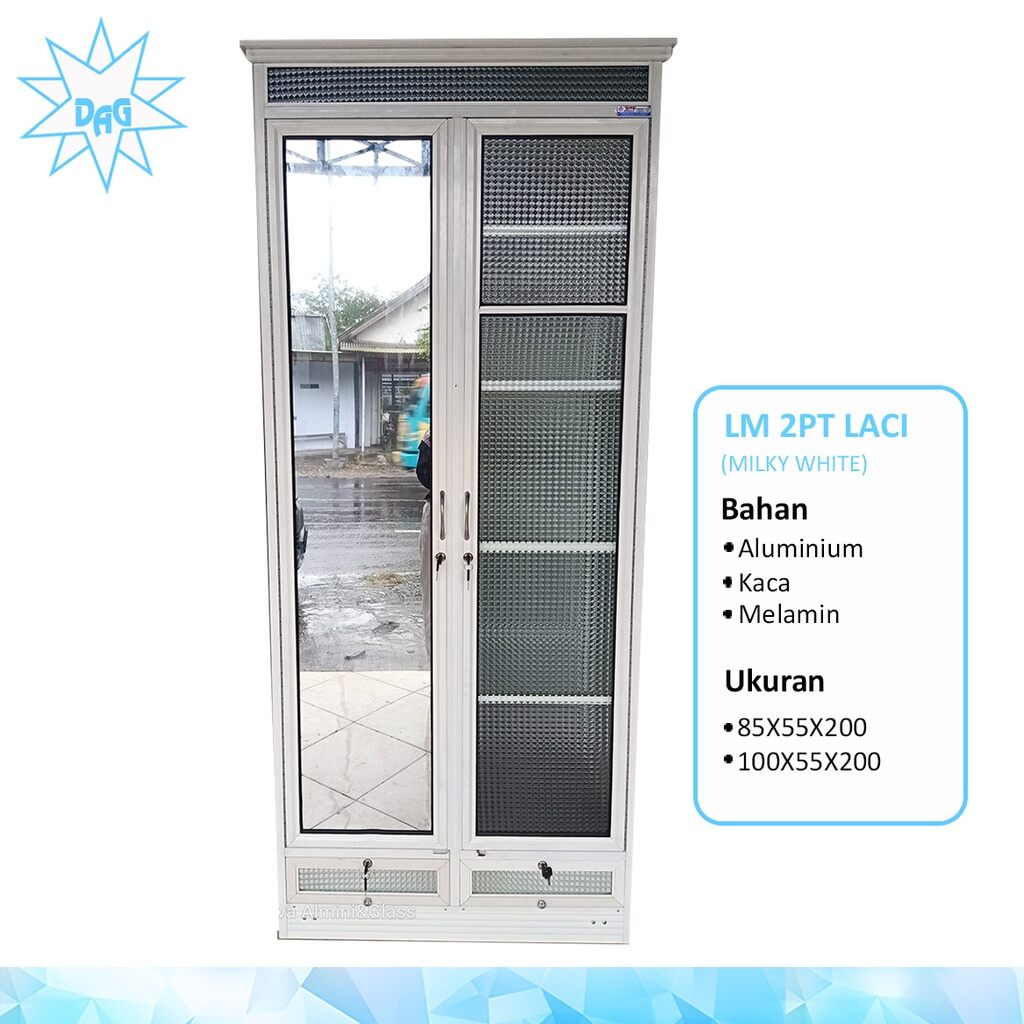 Lemari pakaian kaca 2 pt+2 laci pintu swing full kaca|lemari aluminium ...