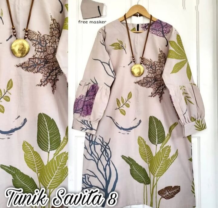 Tunik Batik Wanita Eksklusif Solo Motif Ecoprint Warna Krem Bahan Katun Halus Cocok Untuk Kerja