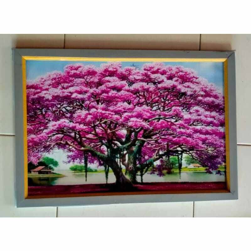 hiasan dinding lukisan cetak bunga sakura plus figura ukuran 85x55 ...