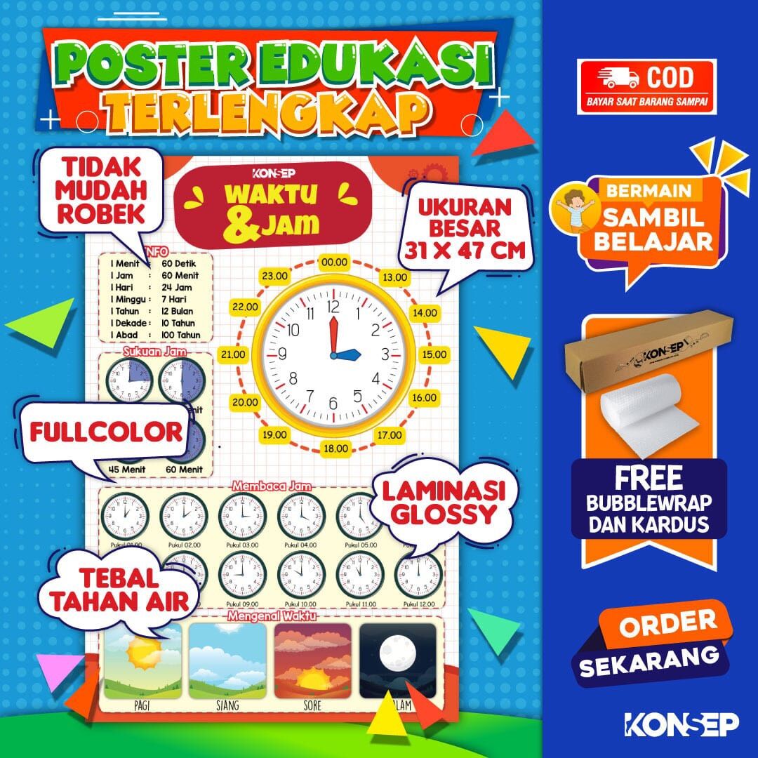 Konsep Poster Anak Seri Waktu & Jam / Poster Edukasi Anak Lembaran Seri ...
