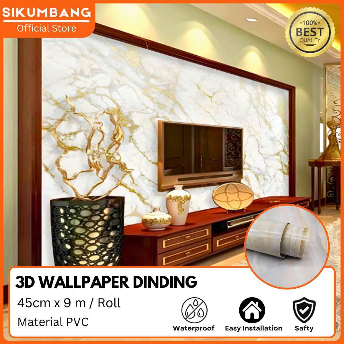 PVC Wallpaper Sticker Dinding Rumah 45cm x 9m Motif Marmer Putih Kuning ...