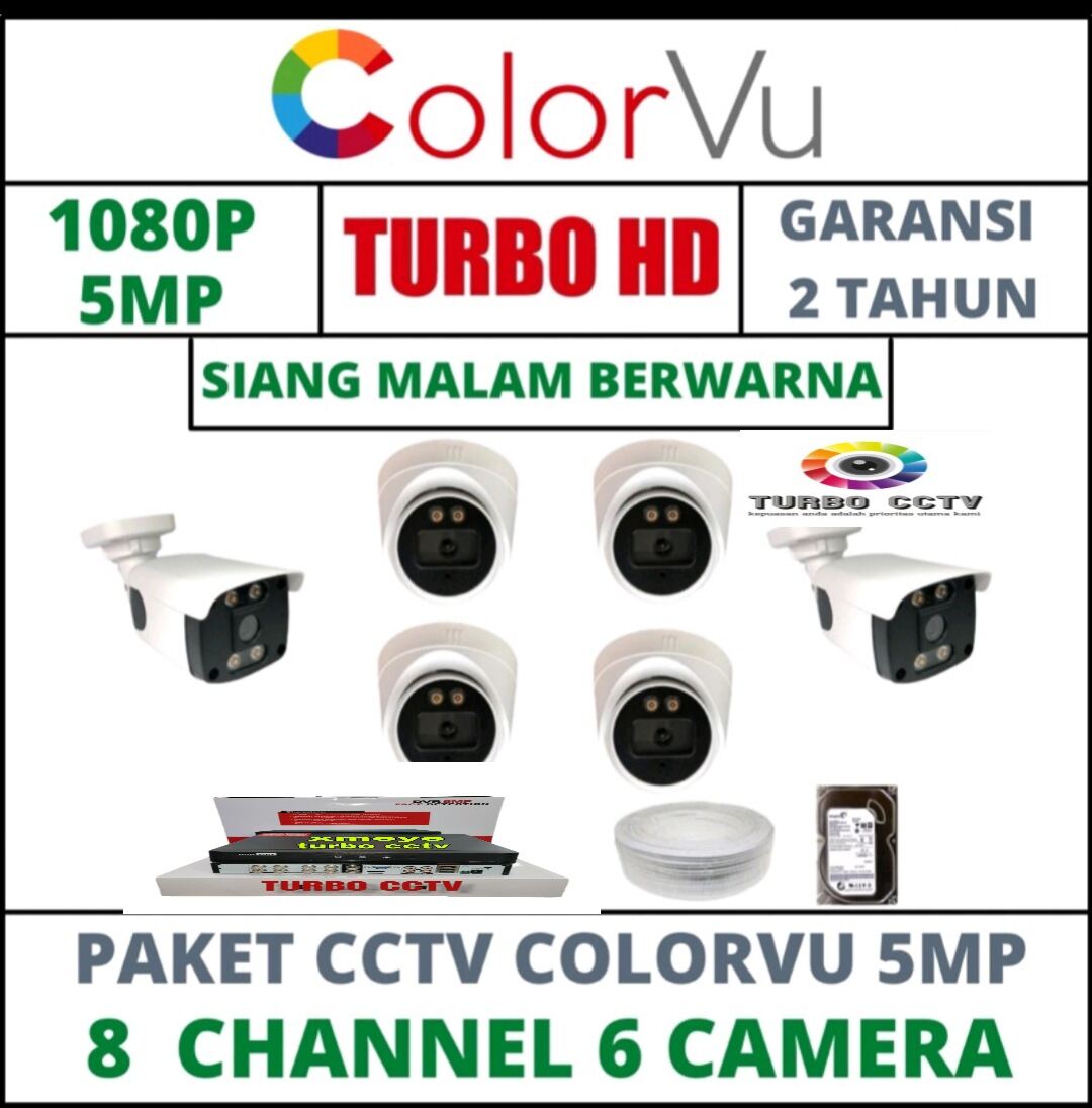PAKET CCTV COLORVU -SIANG MALAM BERWARNA 8 CHANNEL 6 CAMERA 5MP IC SONY ...