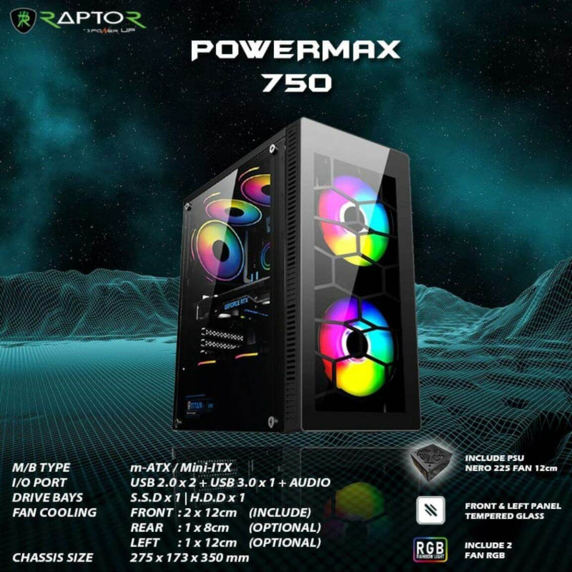 CASING PC GAMING POWER UP RAPTOR POWERMAX 750 FREE 2 FAN RGB WITH PSU ...