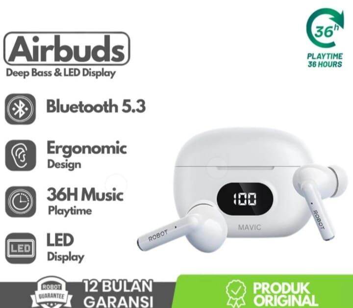 Robot Airbuds T70 TWS Bluetooth 5.3 Earphone Deep Bass Led Display ...
