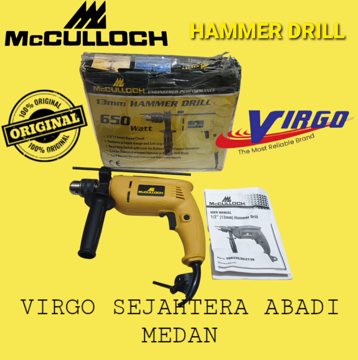 TD8225 MESIN BOR TEMBOK BETON BESI HAMMER DRILL 13MM 650W MCCULLOCH ...