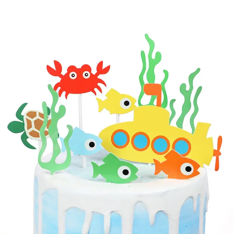 Topper Kue Kertas 6 pcs Hewan Ikan Paus Bintang Laut Kepiting Cumi-cumi ...