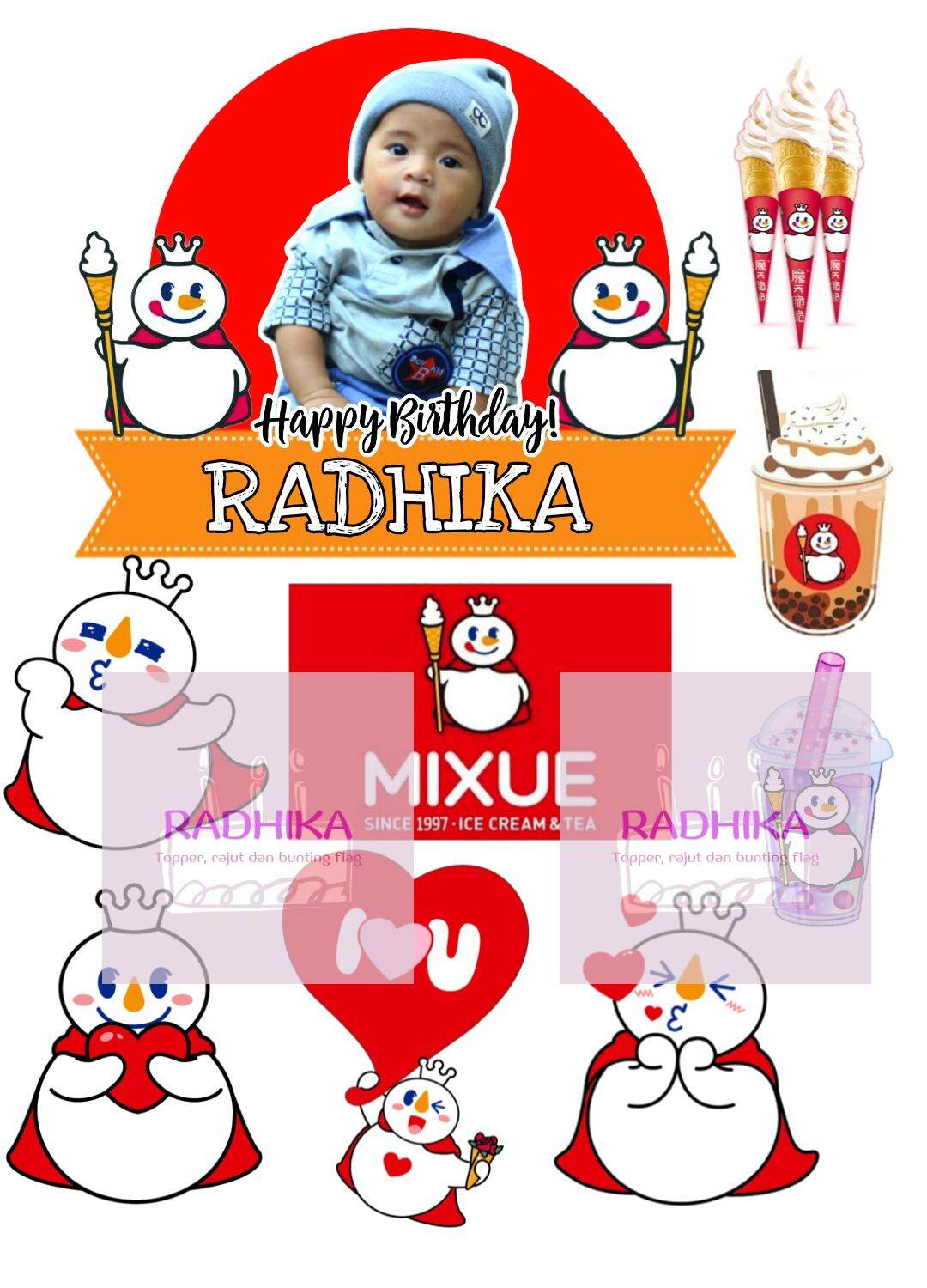 Topper hiasan kue Ice cream mixue custom nama dan foto | Lazada Indonesia