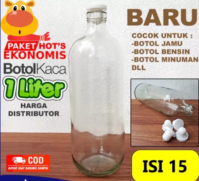 Botol bensin baru 1liter + tutup 15pcs botol kaca jamu botol cembung ...