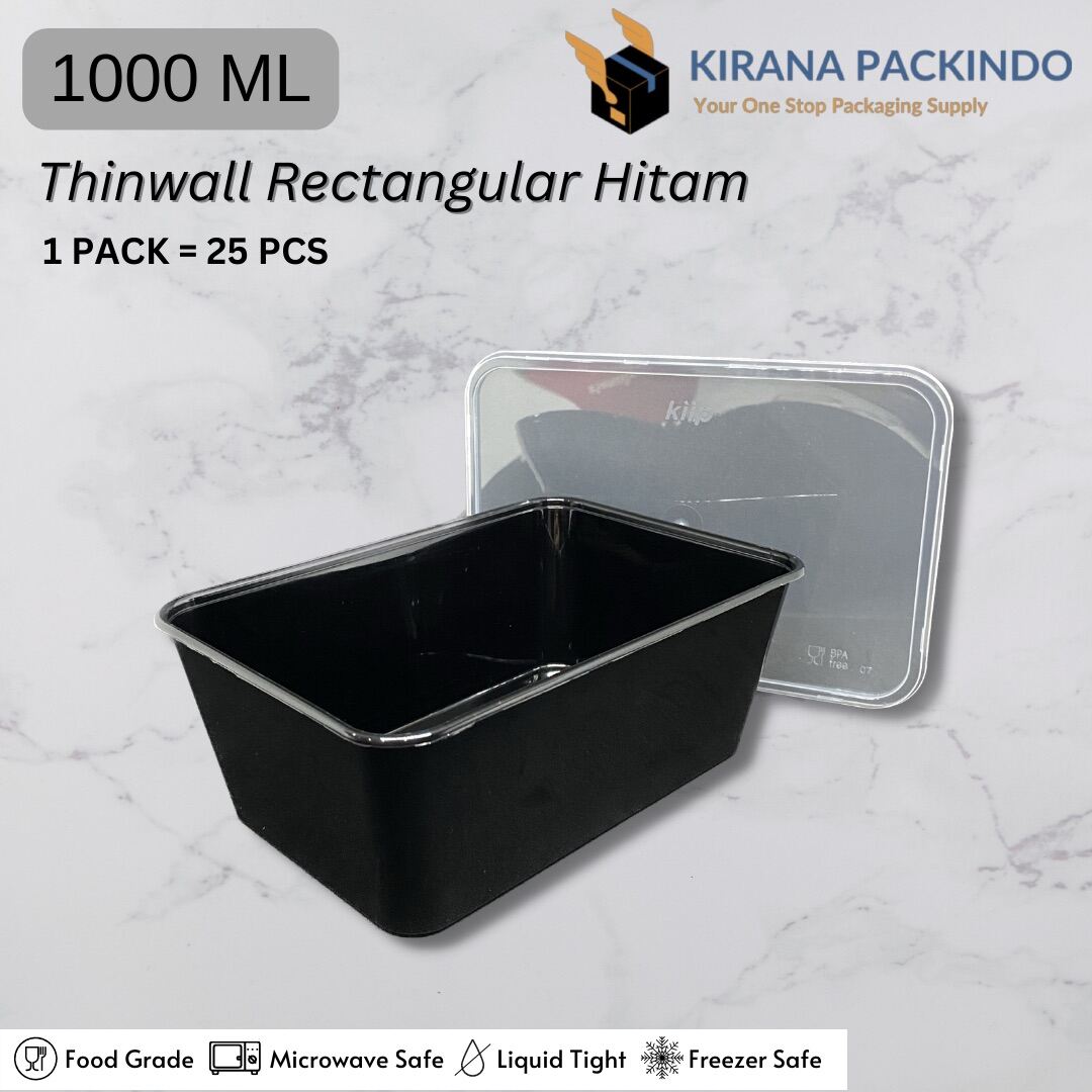 Kiip Thinwall Rectangular Persegi Panjang Bening Hitam 1000ml