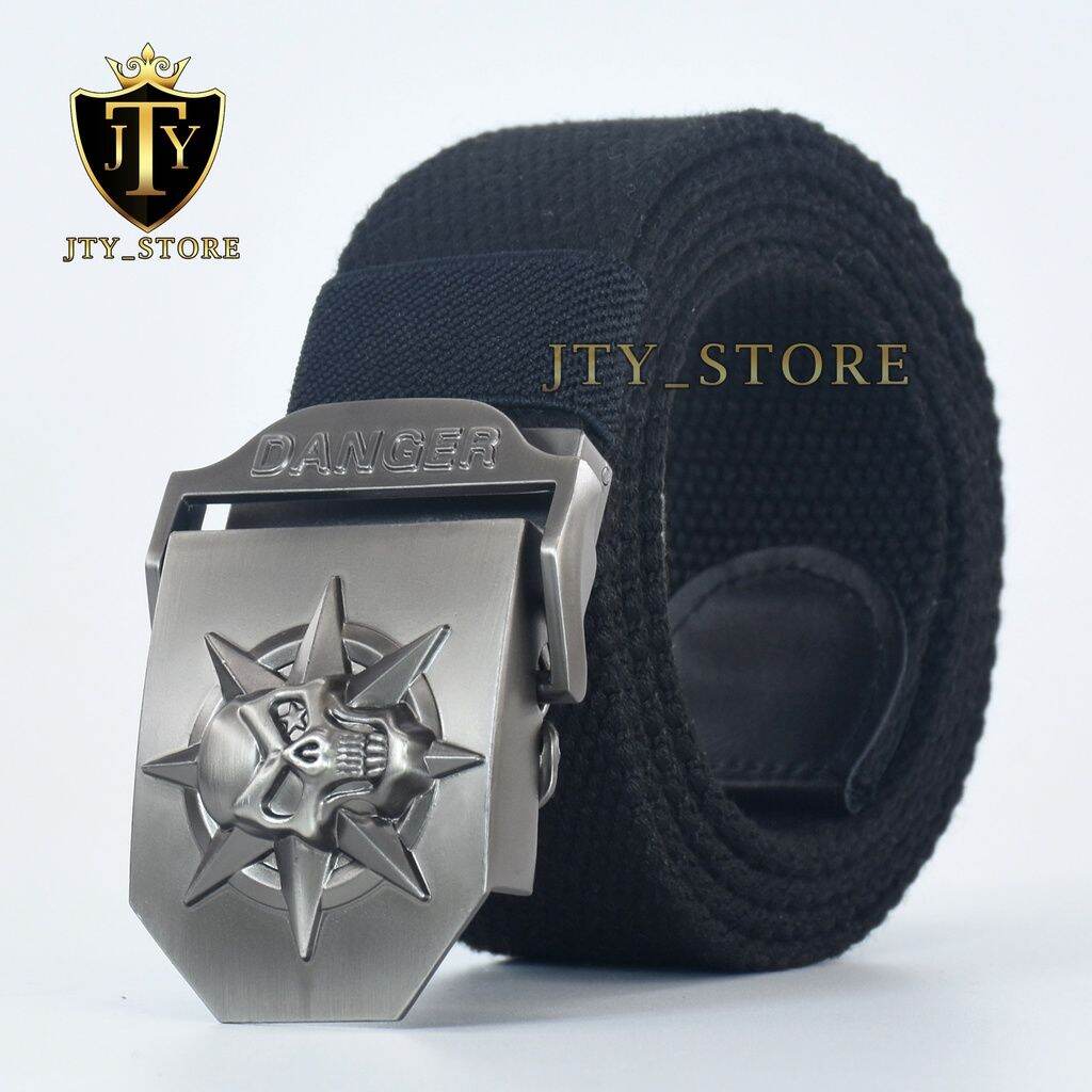 TALI PINGGANG PRIA KEREN CANVAS BUKEL KEPALA BESI SABUK ARMY METAL ...
