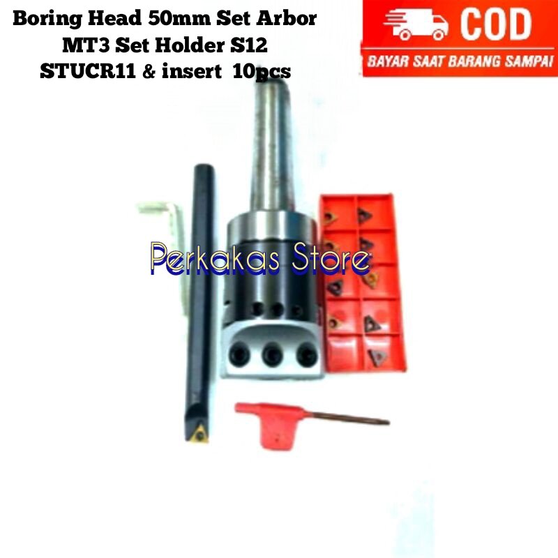 Alat Korter lubang Boring head 50mm Arbor MT3 drat M12 Set holder dalam ...