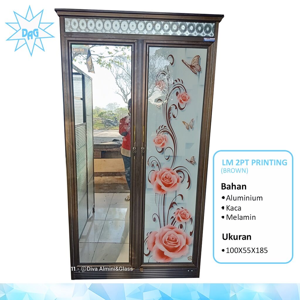 Lemari pakaian kaca 2 pt kaca motif printing | alumunium frame coklat ...