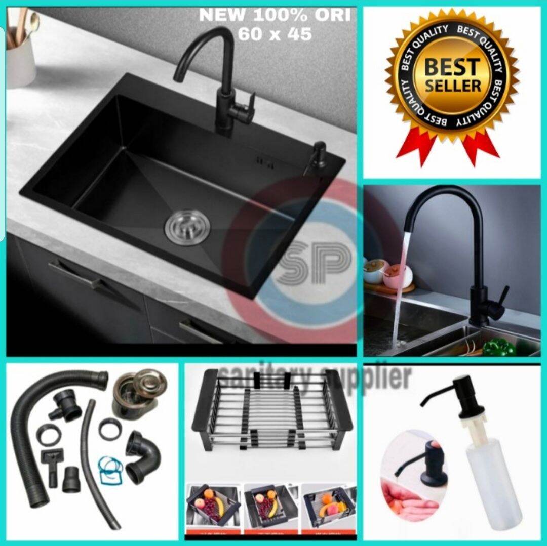 KITCHEN SINK 6045 BLACK SERIES JKM LENGKAP KRAN/BCP STAINLESS BLACK ...