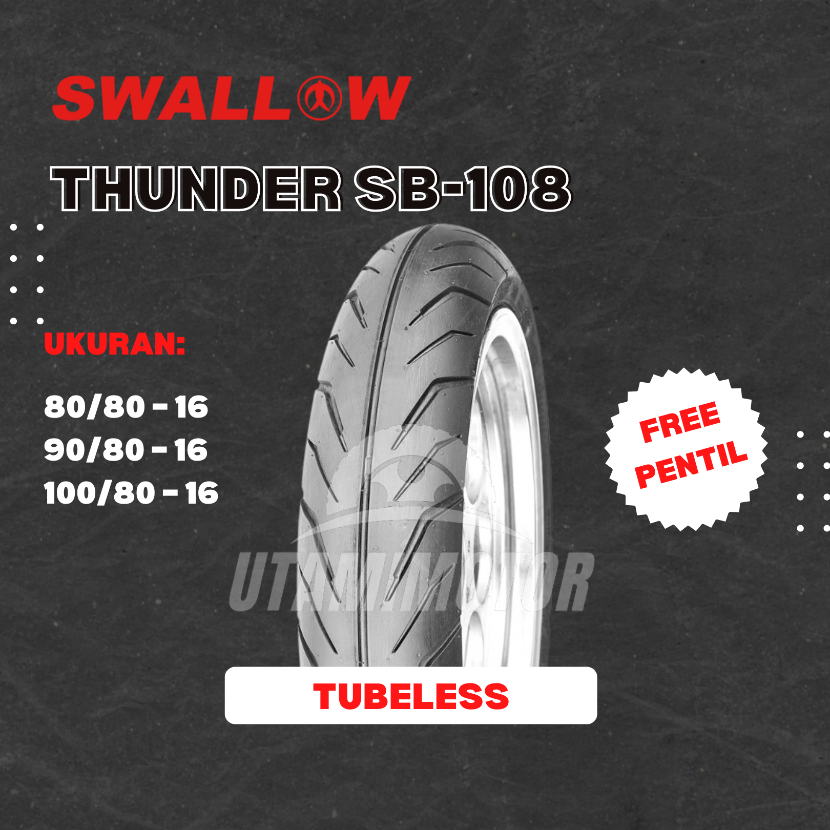 BAN MOTOR SWALLOW THUNDER SB108 RING 16 80/80-16 90/80-16 100/80-16 ...