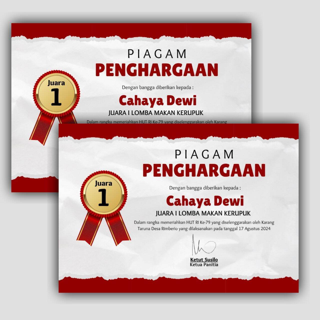 Costum Sertifikat/Piagam penghargaan Background Merah Putih Ukuran A4 ...