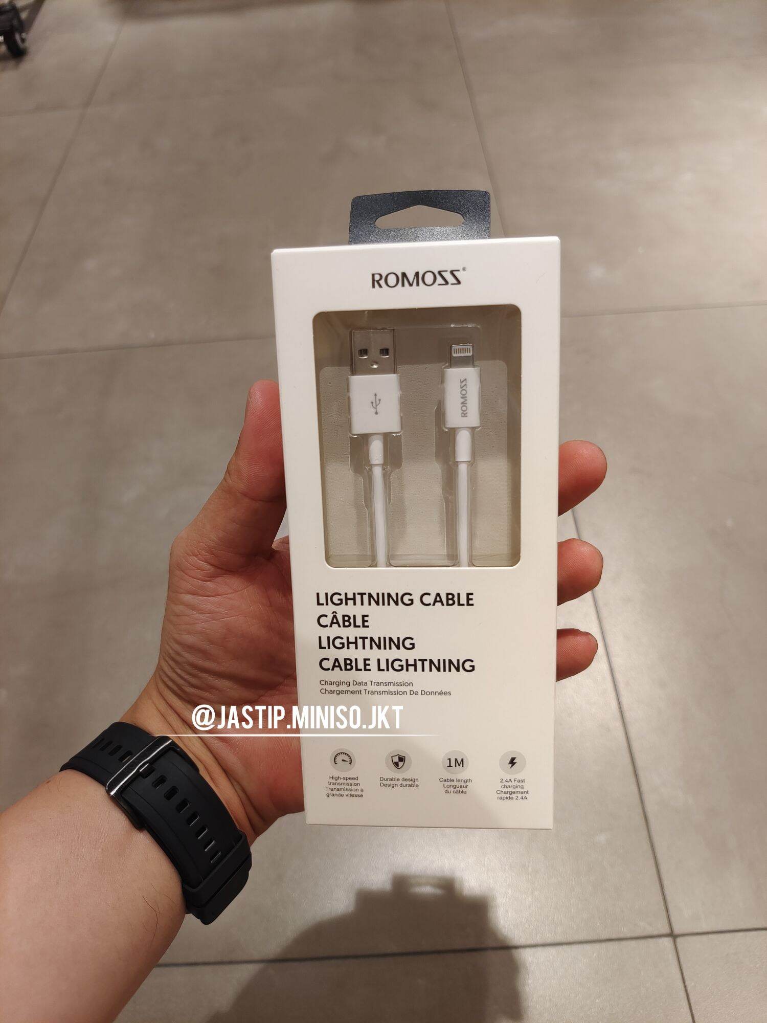 MINISO 🆕 Kabel Charger Lightning ROMOSS panjang kabel 1m 5V / 2.4A ...