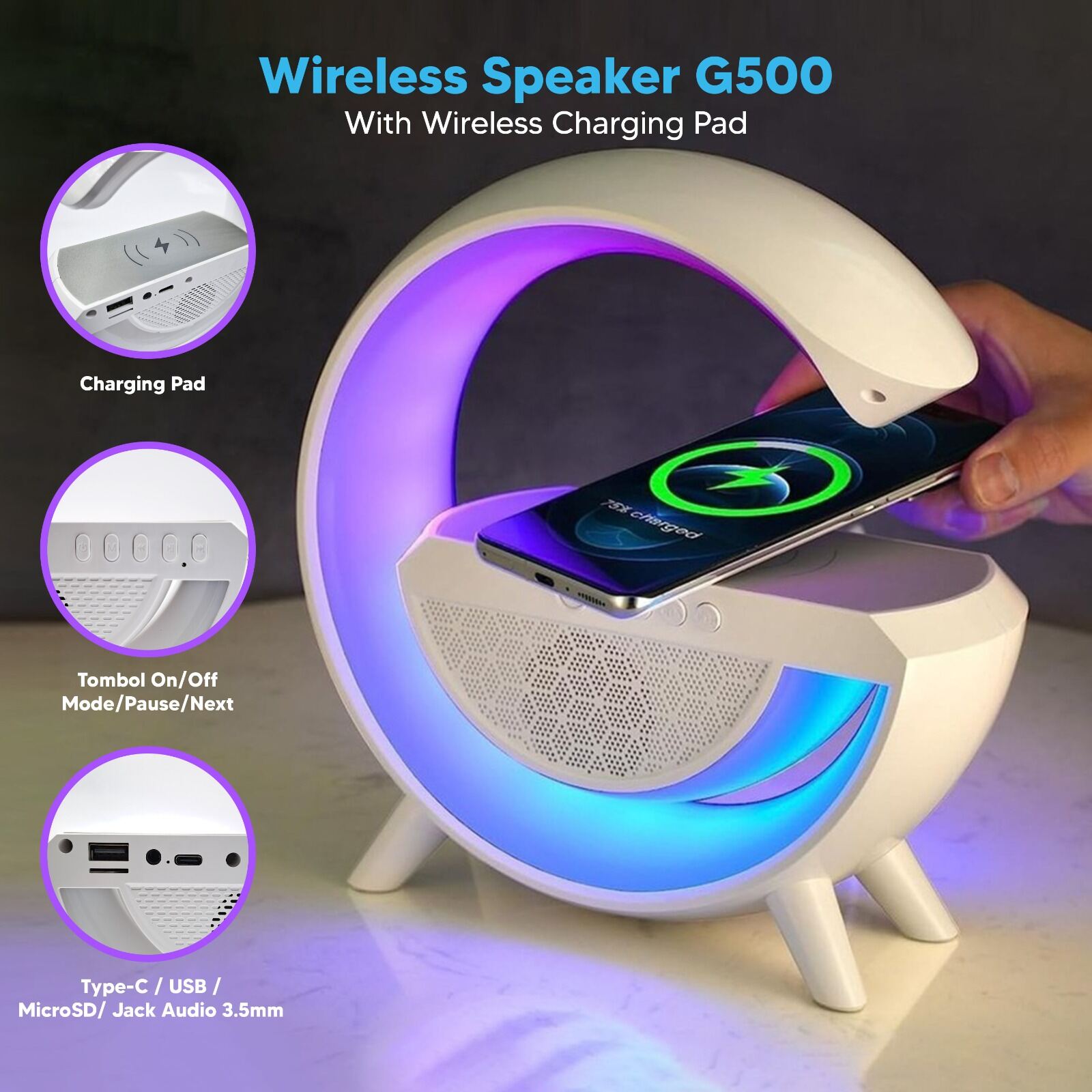 SPEAKER BLUETOOTH LED G500 AMBIENT LIGHT WIRELESS CHARGER LAMPU MEJA MULTIFUNCTIONAL SEPEAKER ...