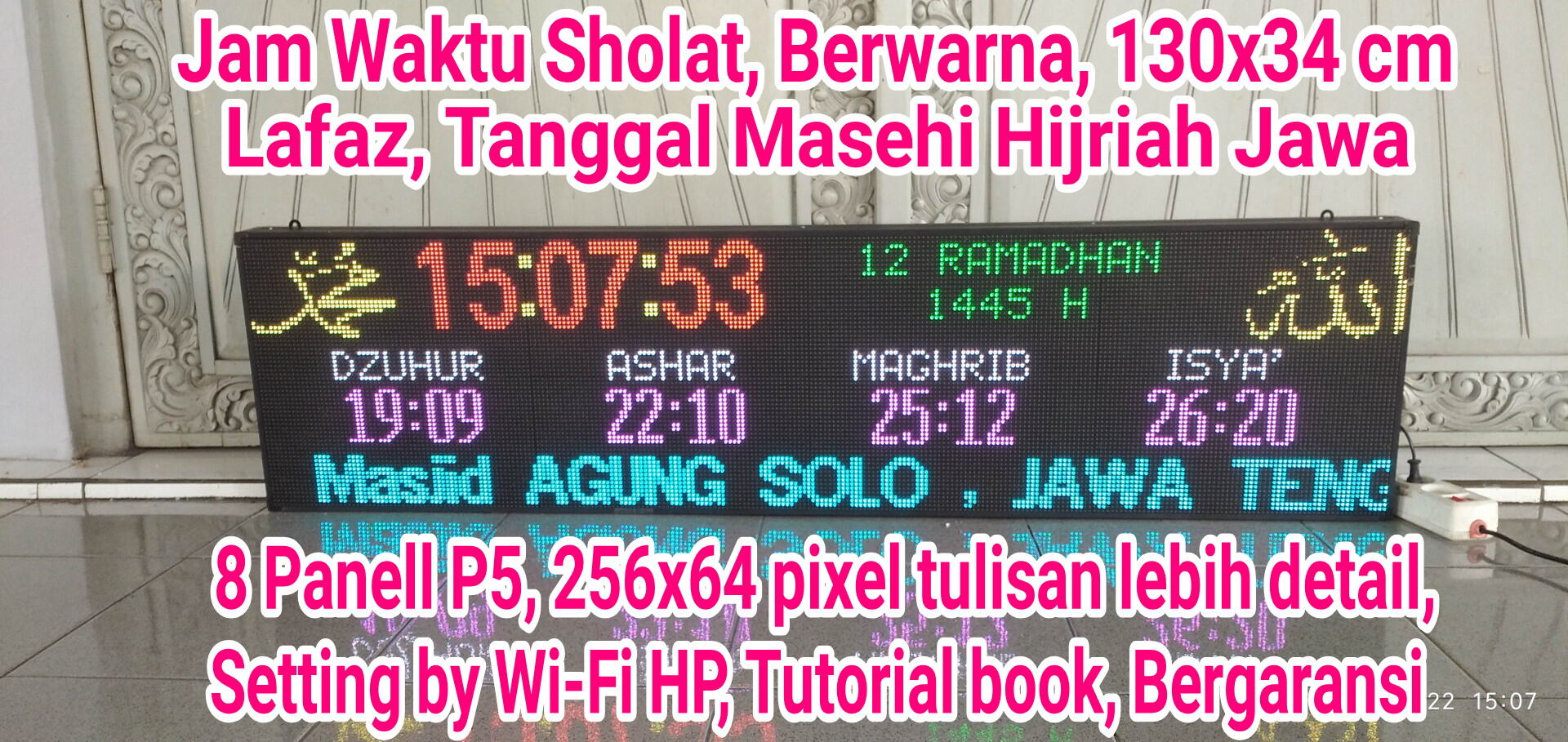 Jam Waktu Sholat Berwarna, 130x40cm, 8 Panel P5, tulisan lebih detail ...