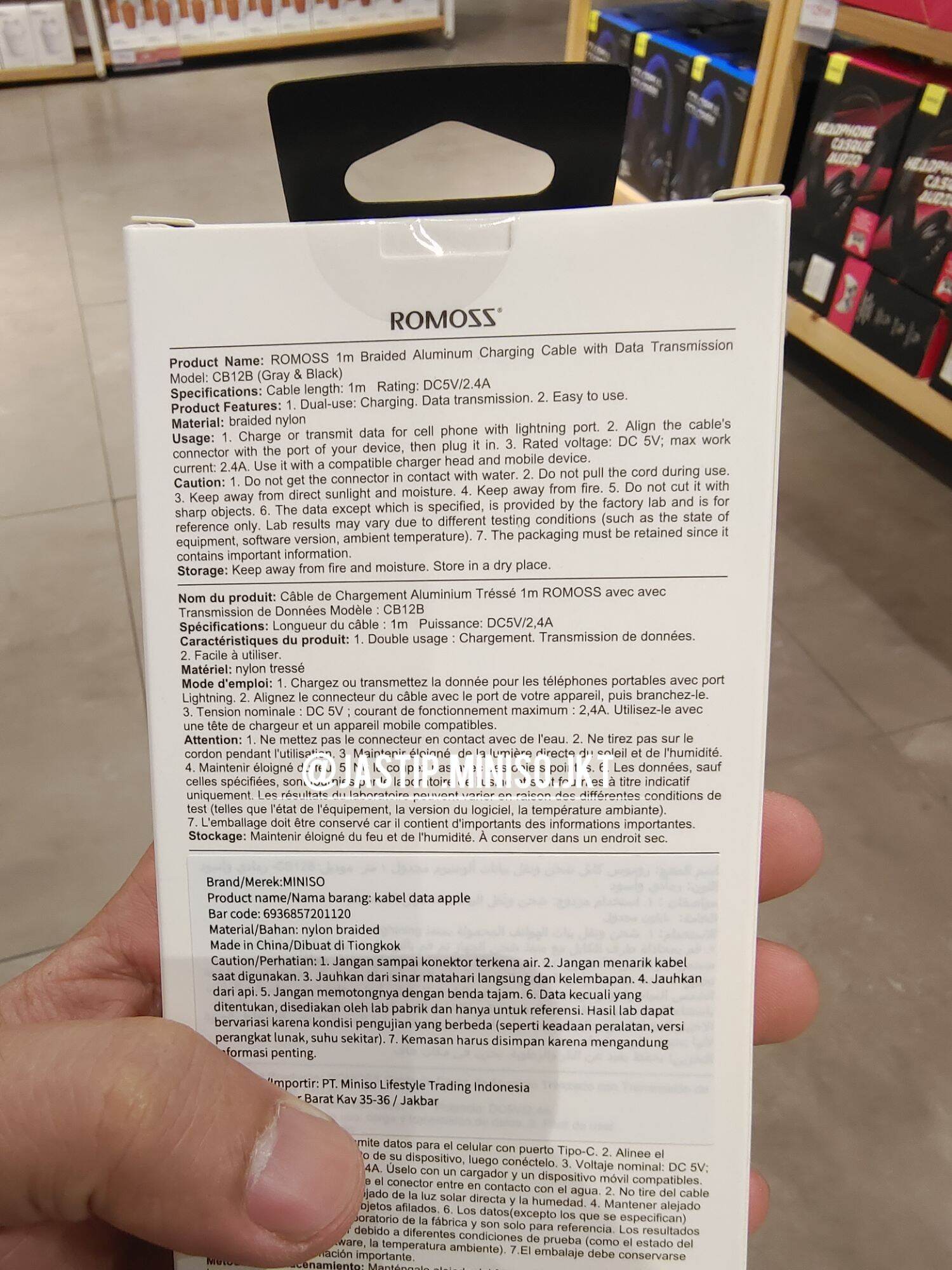 MINISO 🆕 Kabel Charger Lightning ROMOSS panjang kabel 1m 5V / 2.4A ...
