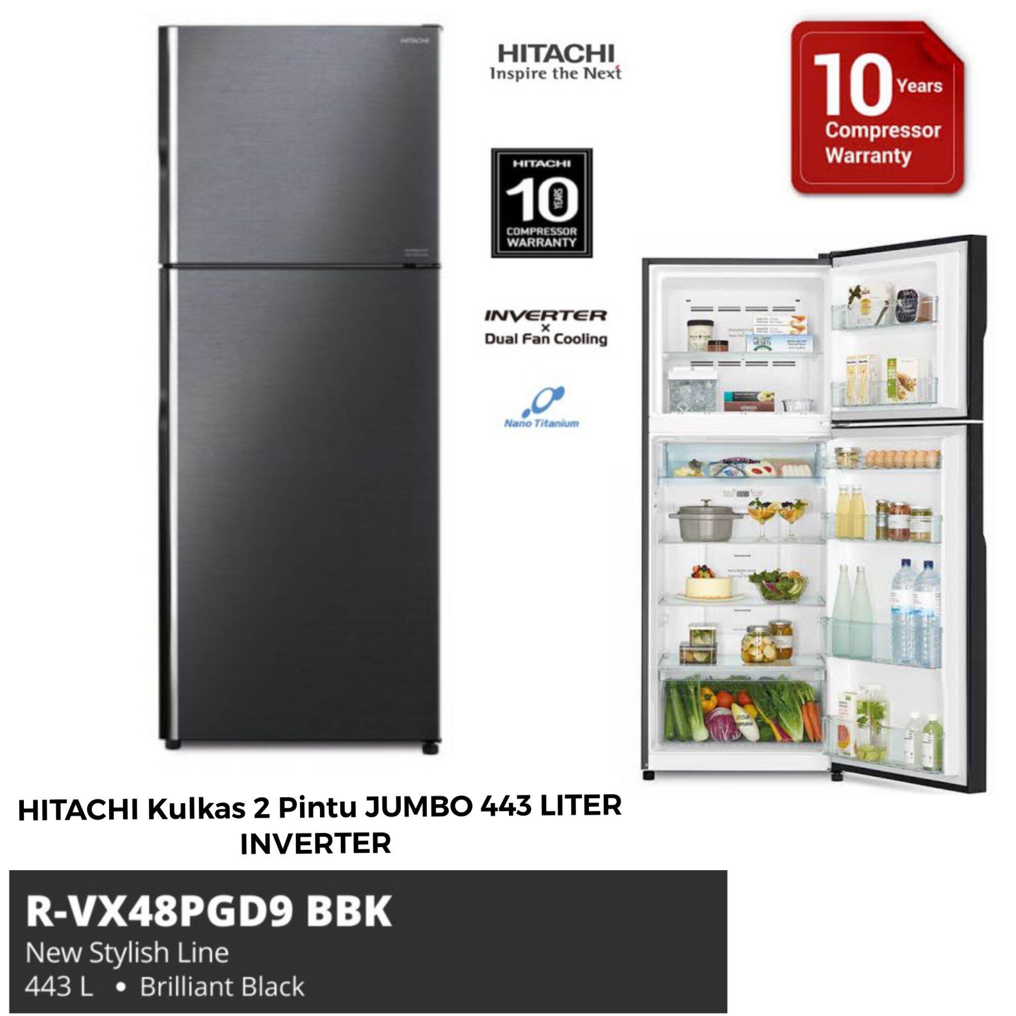 TERMURAH HITACHI Kulkas 2 Pintu JUMBO 443 Liter INVERTER R-VX48PGD9 New Stylish Line -Stylish ...