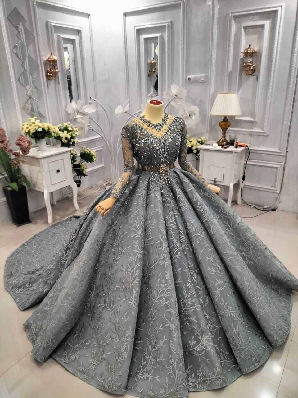 baju gaun pengantin wedding dress warna silver mekar gown muslim ...