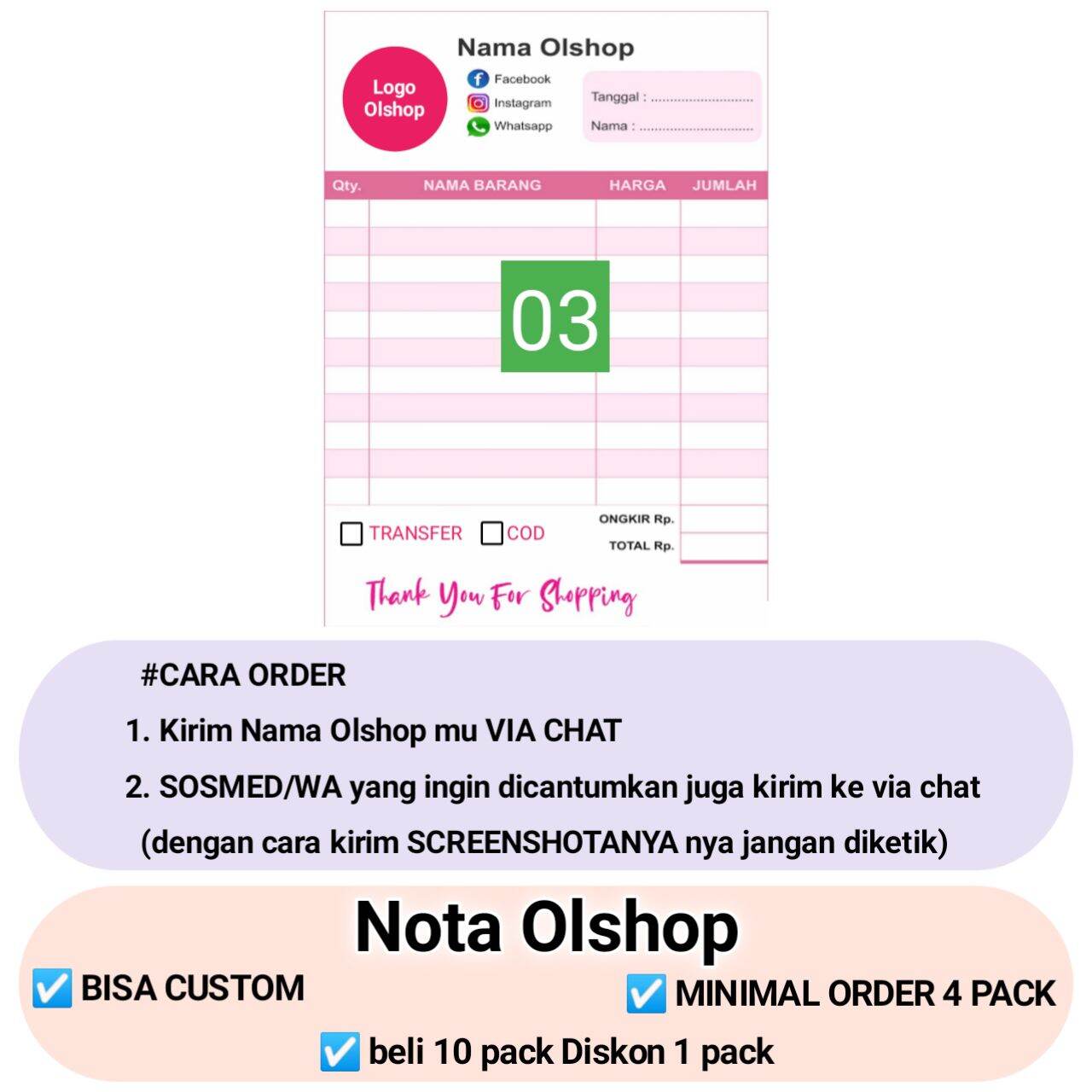 NOTA OLSHOP ( FREE CUSTOM ) NOTA TOKO BUKTI KWITANSI PEMBAYARAN OLSHOP ...