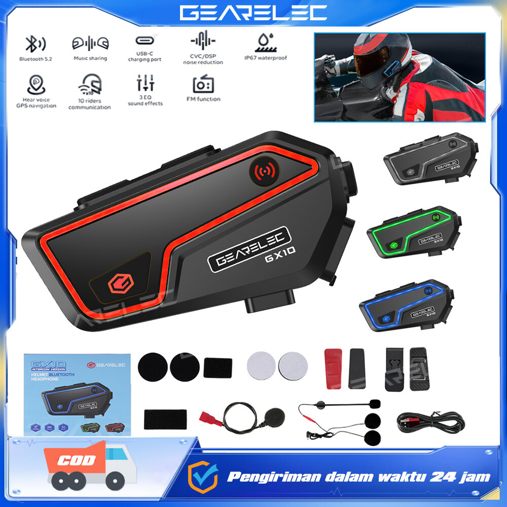 GEARELEC GX10 Bluetooth 5.2 Helm intercom Headset Sepeda Motor 10 Rider ...