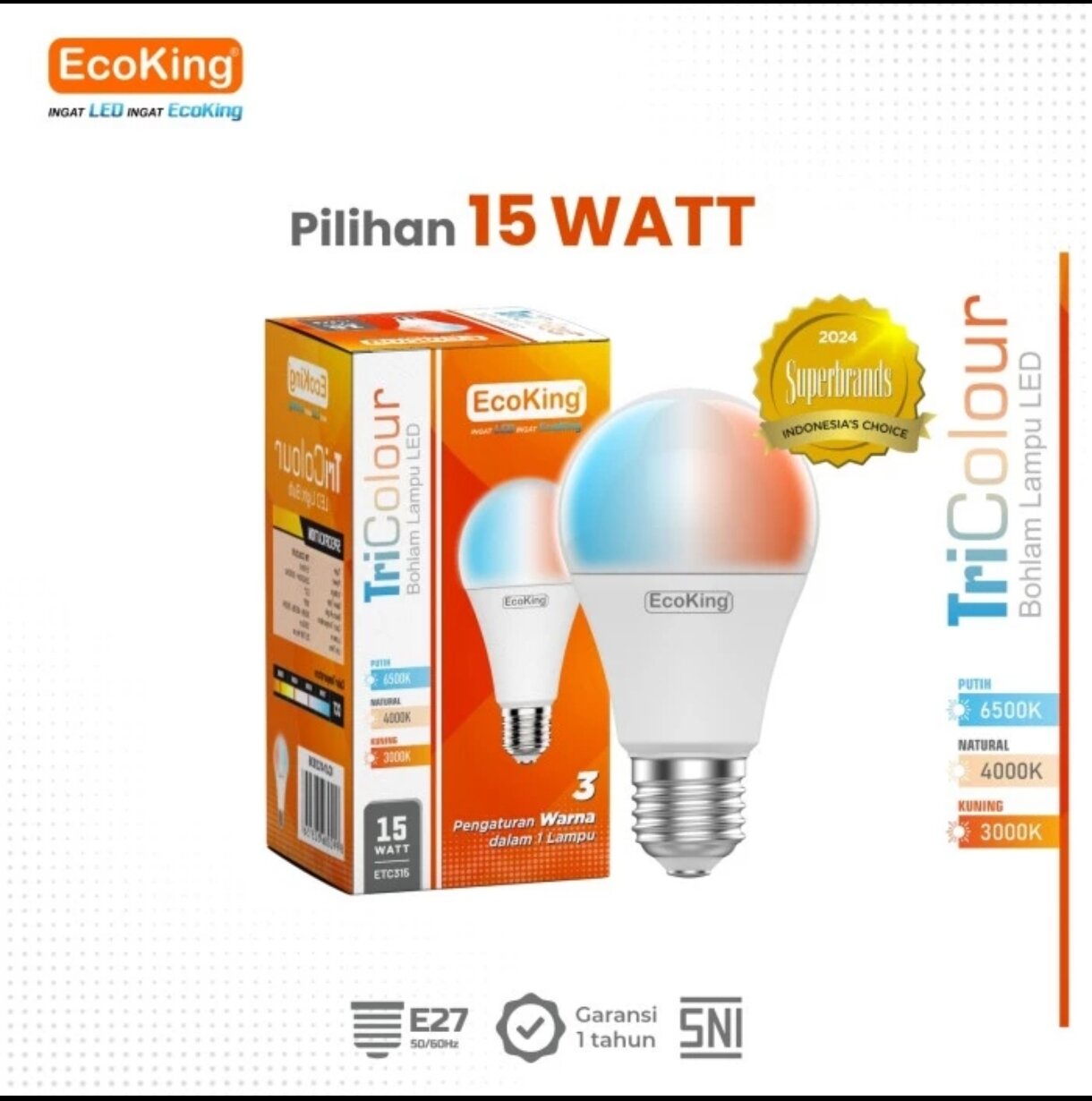 ECOKING LAMPU LED TRICOLOUR 15W 15 WATT TIGA WARNA CAHAYA DALAM SATU ...