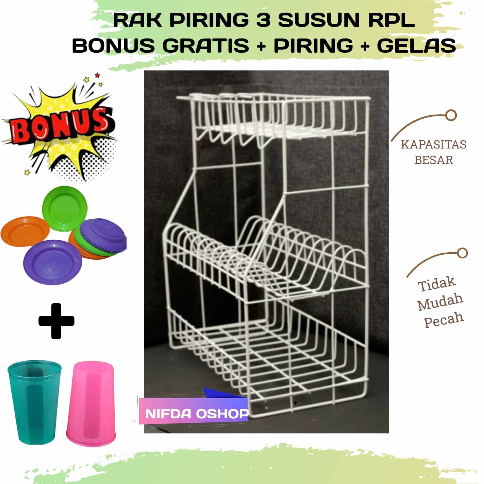Rak piring besi 3 susun/ rak piring atas wastafel ( GRATIS PIRING ...