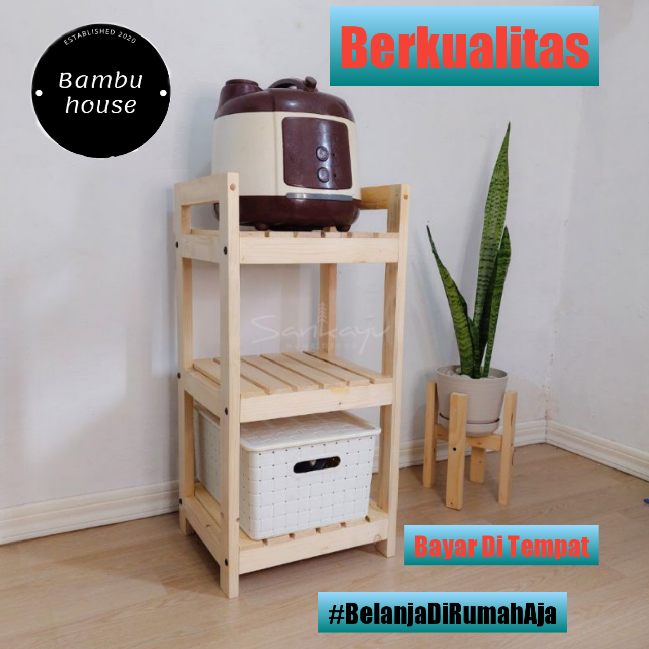 Meja kayu tempat galon air | Rak penyimpanan magic com | Rak susun 3 ...