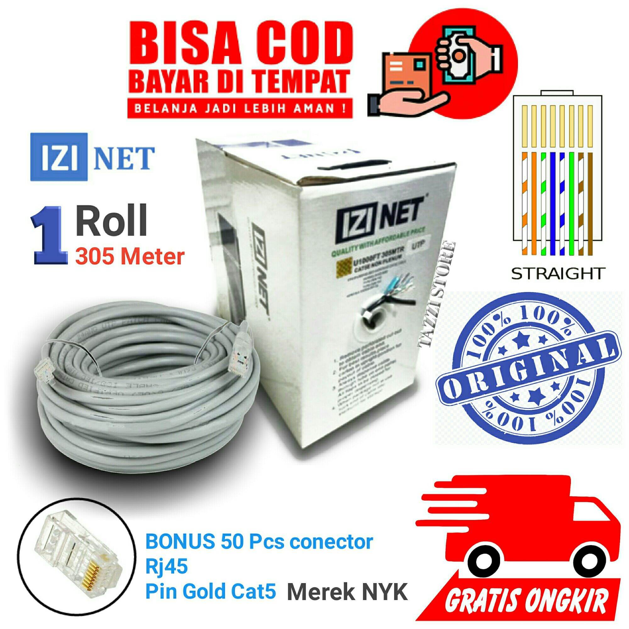 Kabel LAN UTP Rj45 Cat5e Original IZINET, 1 roll / 305 Meter, Bonus 50 ...