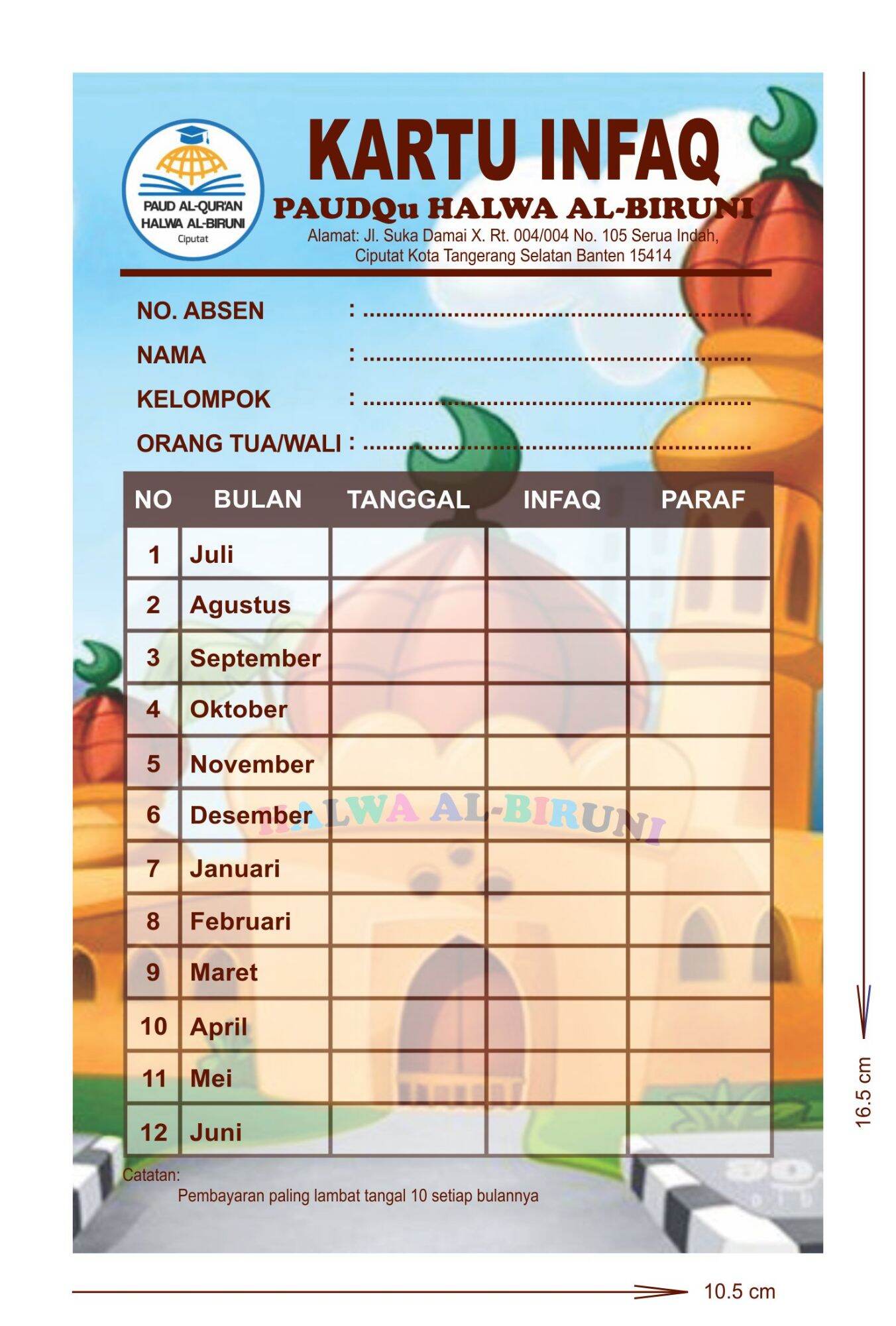 KARTU INFAQ/SPP/IURAN TK/PAUD FULL COLOUR NAMA, ALAMAT DAN LOGO BISA ...