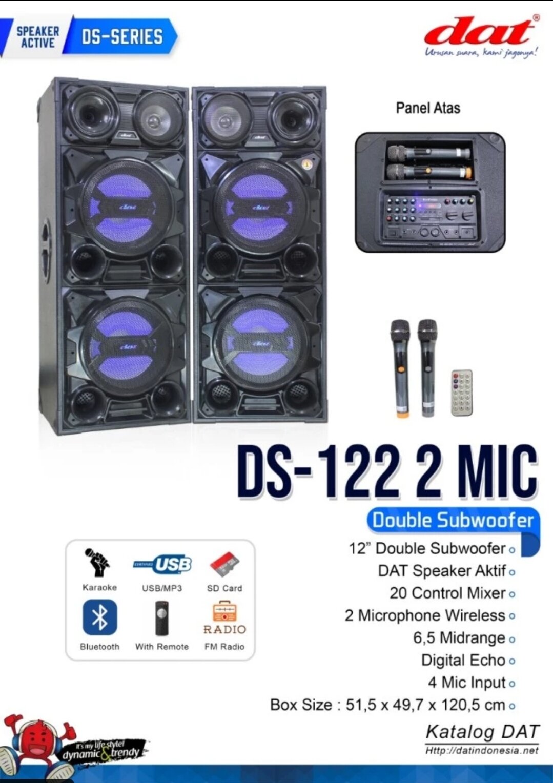 Speaker aktif Dat Ds 122 12 inch Double woofer ds122 mic wireless 2 pc ...