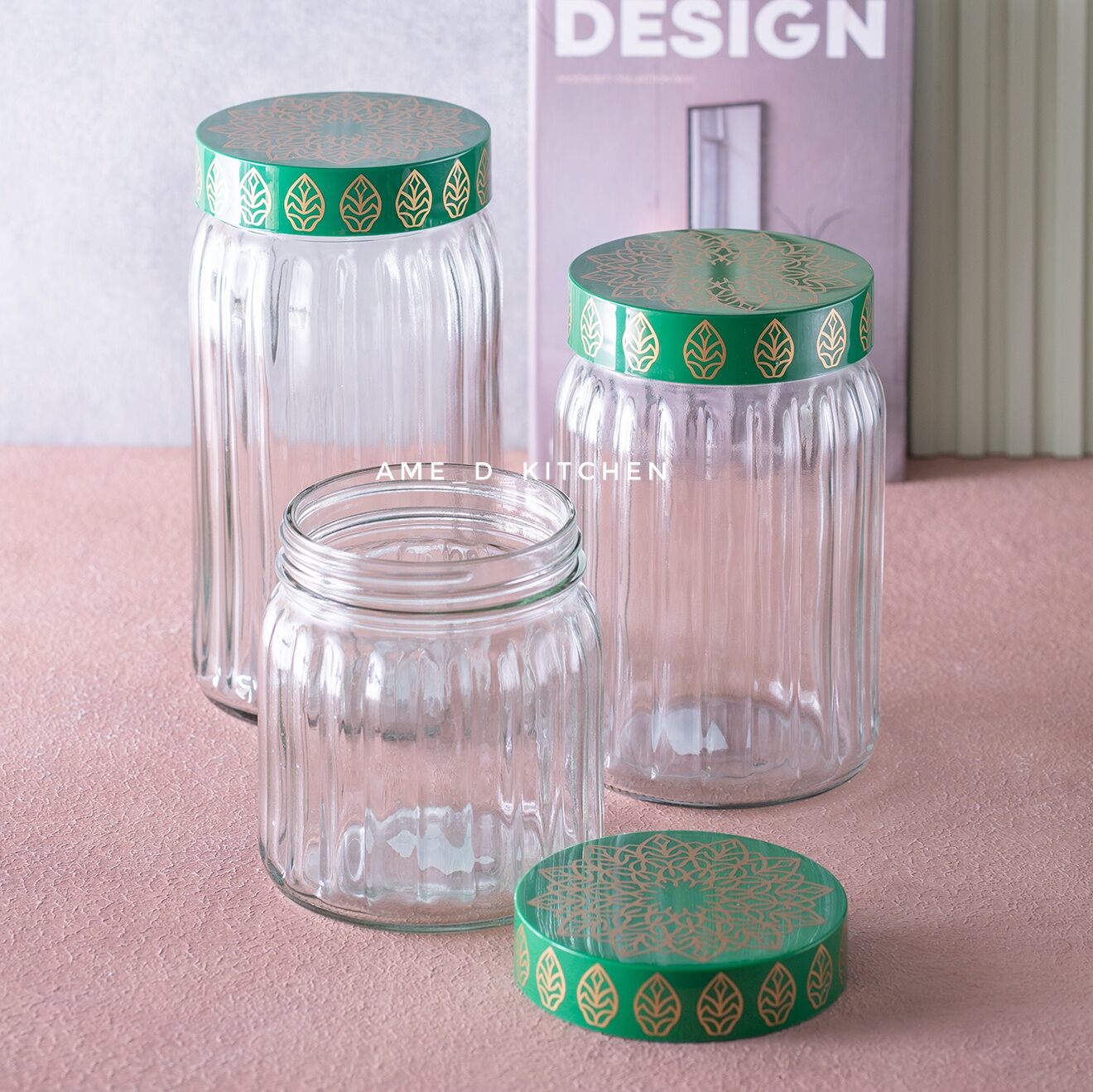 Ready stock canister embossed + lid/ Toples kaca tutup mosaic emerald ...